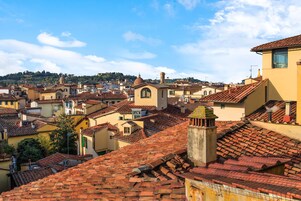 Uma área urbana densamente povoada com telhados de terracota e edifícios com estilos arquitetônicos diversos.