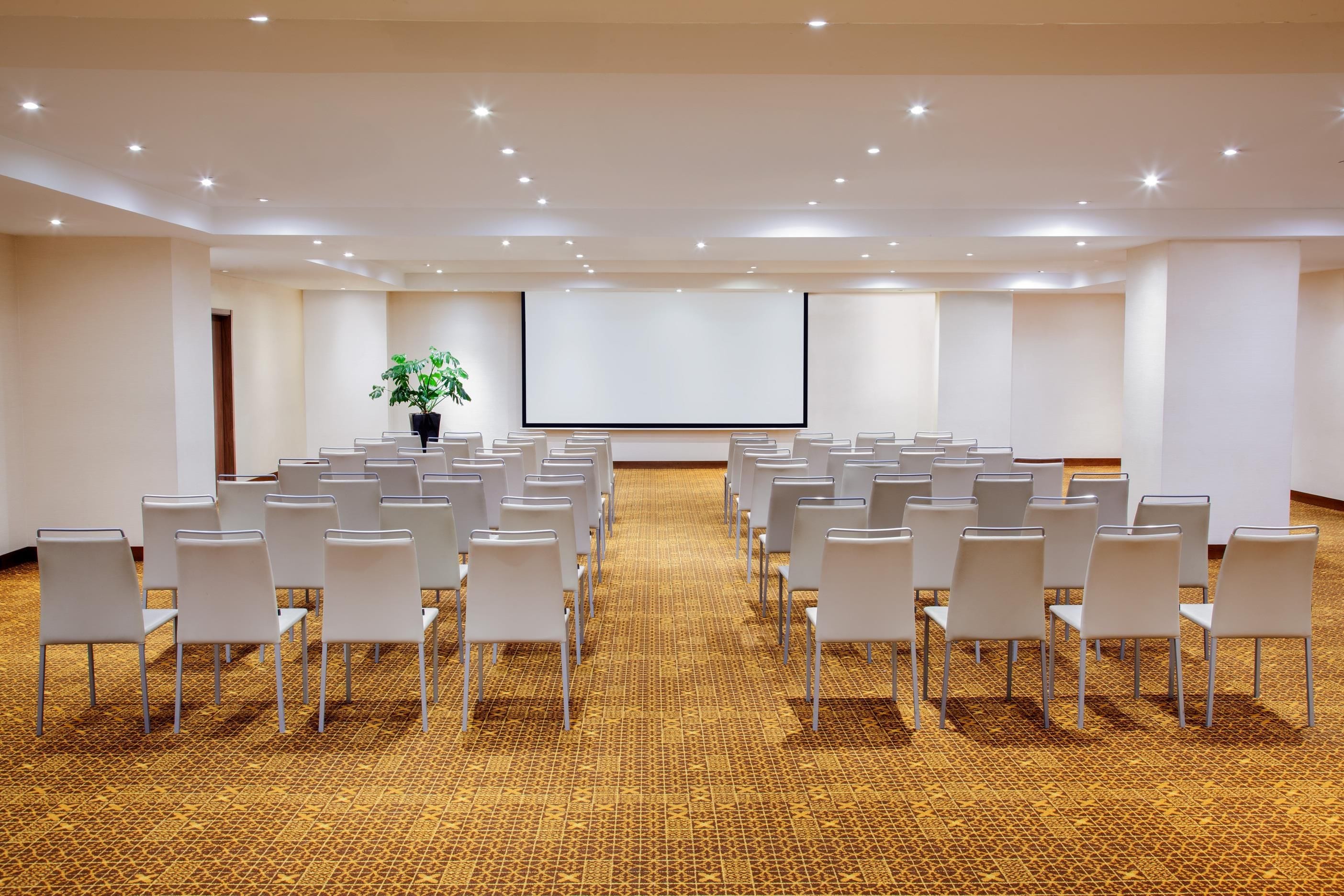 Uma sala de conferências com fileiras de cadeiras brancas, piso carpete e um projetor, além de um vaso de planta.