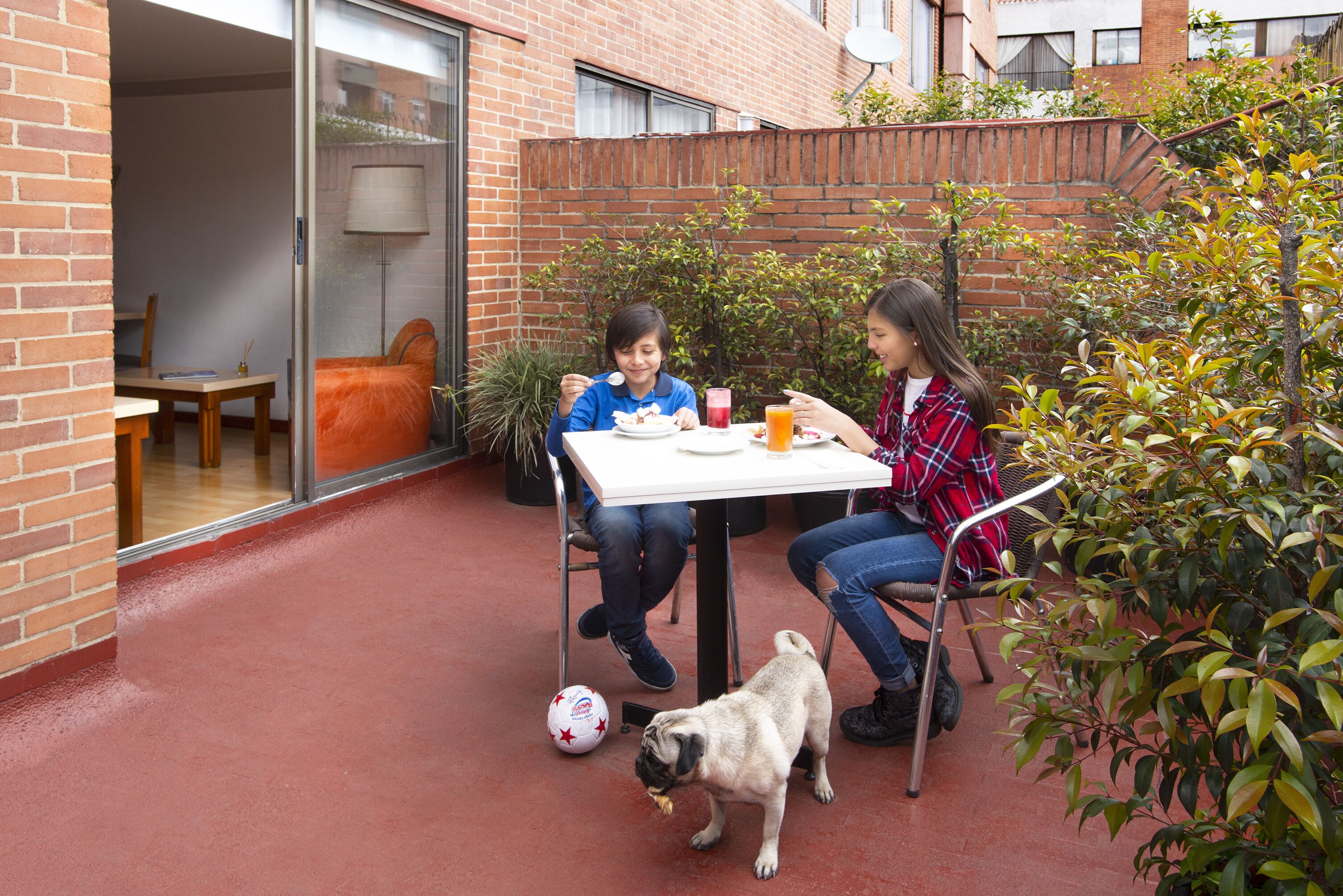 Uma área de pátio com parede de tijolos, porta de vidro que dá para um espaço interno, mesa com uma cadeira e um cão pequeno perto da mesa.