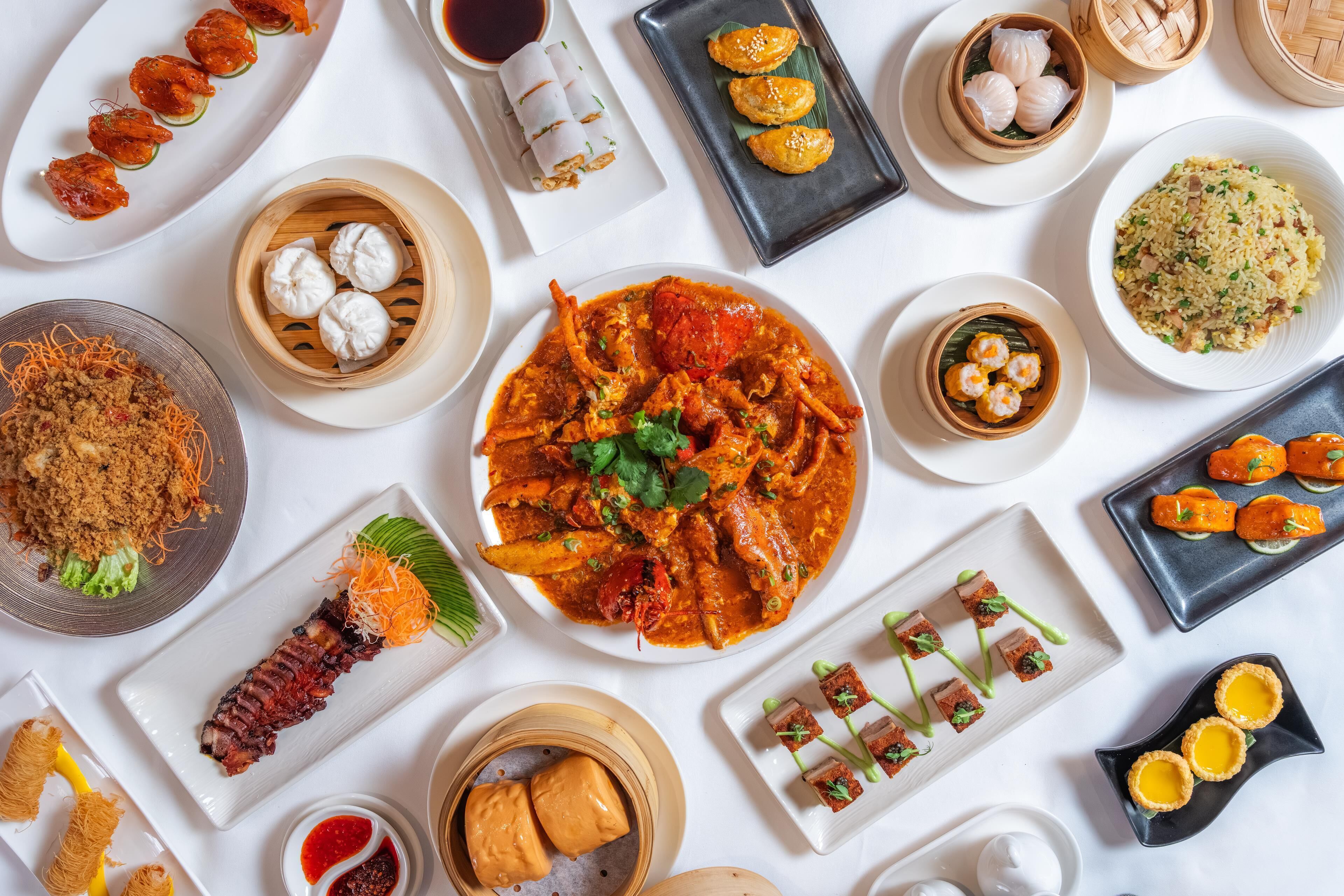 Diversos pratos, incluindo dim sum, um prato de frutos do mar e uma seleção de comidas fritas.
