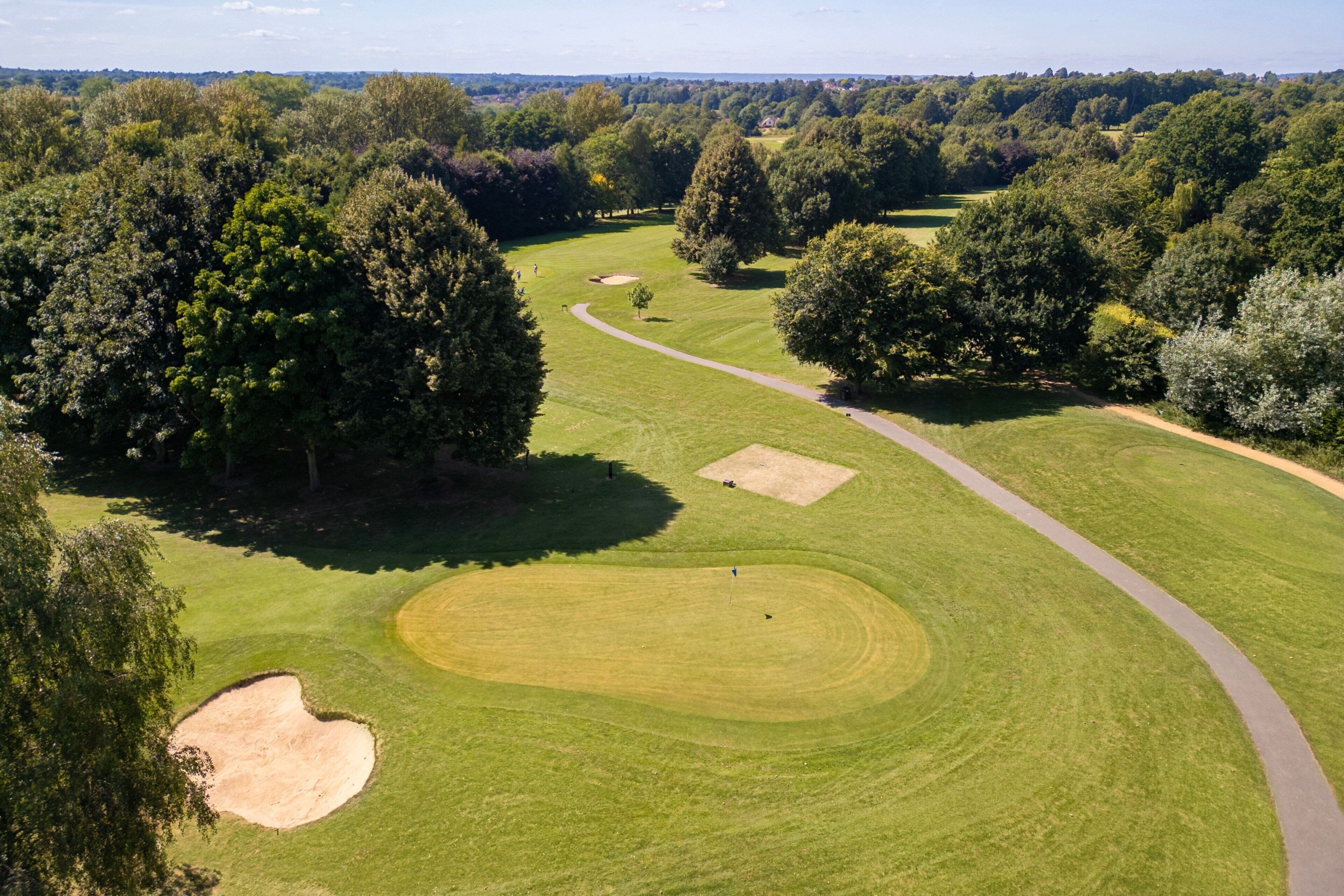 Um campo de golfe com um caminho sinuoso, armadilhas de areia e árvores densas.