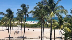 Uma praia com palmeiras, uma rede de voleibol e um céu azul límpido.