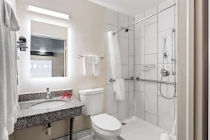 Quarto Standard, 1 cama king-size, acessível, frigorífico e micro-ondas | Casa de banho | Uma combinação polibã/banheira, artigos de higiene pessoal grátis