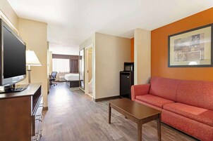 Quarto de hotel com televisão, sofá, mesa de centro e uma moldura na parede.