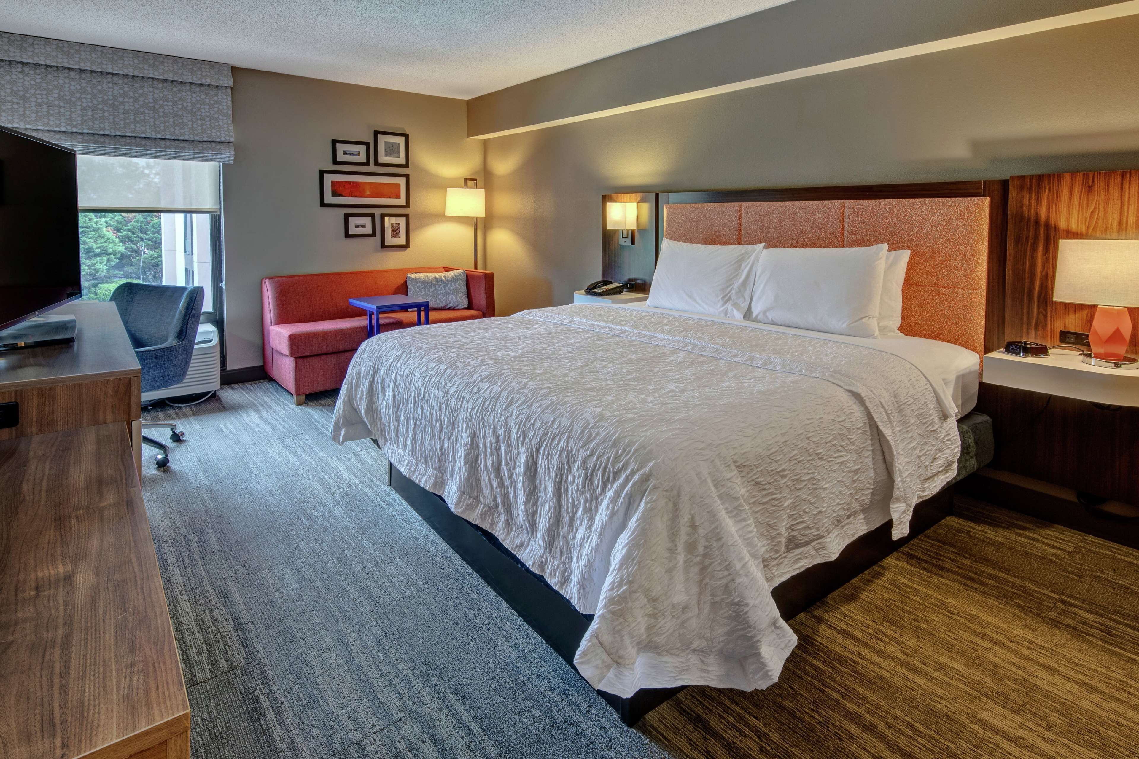 Quarto de hotel com uma cama grande, escrivaninha, televisão, sofá e janela com vista para árvores.