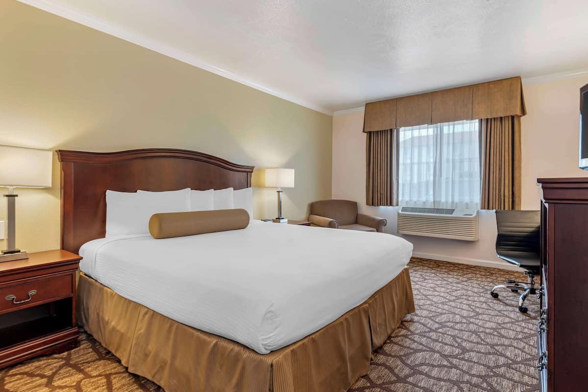 Quarto de hotel com uma cama grande, uma escrivaninha, uma cadeira, uma luminária de mesa, uma janela com cortinas e um ar condicionado.