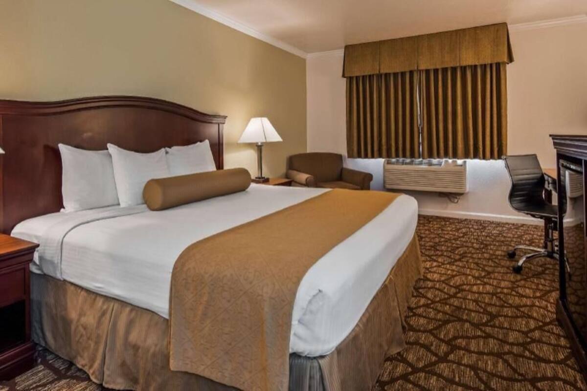 Quarto de hotel com cama grande, escrivaninha, cadeira, televisão e janela com cortinas.