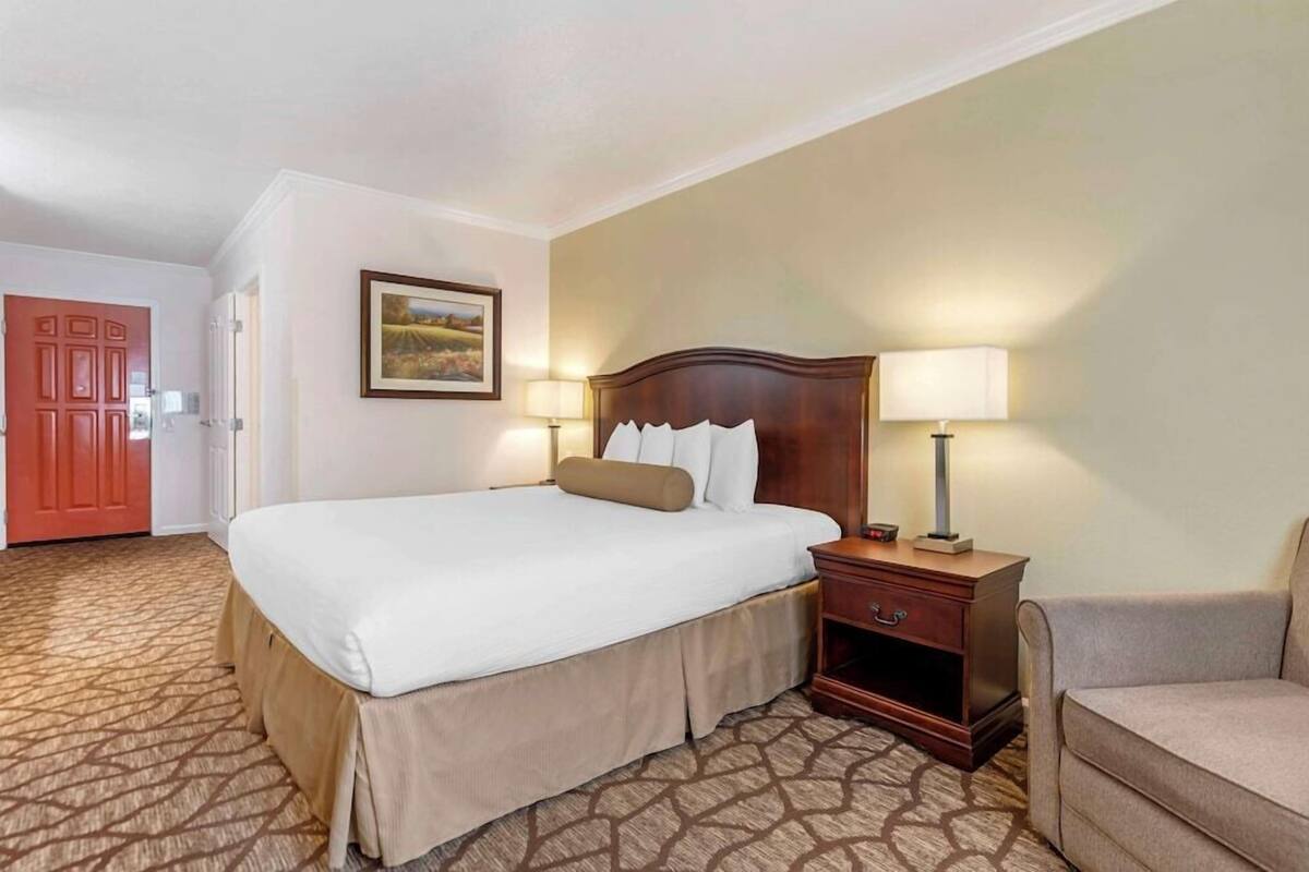 Quarto de hotel com uma cama grande, mesa de cabeceira com abajur, uma cadeira, porta e quadro na parede.
