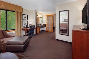 Quarto de hotel com uma janela grande, um sofá, uma escrivaninha com computador, uma televisão e um banheiro com espelho e pia.