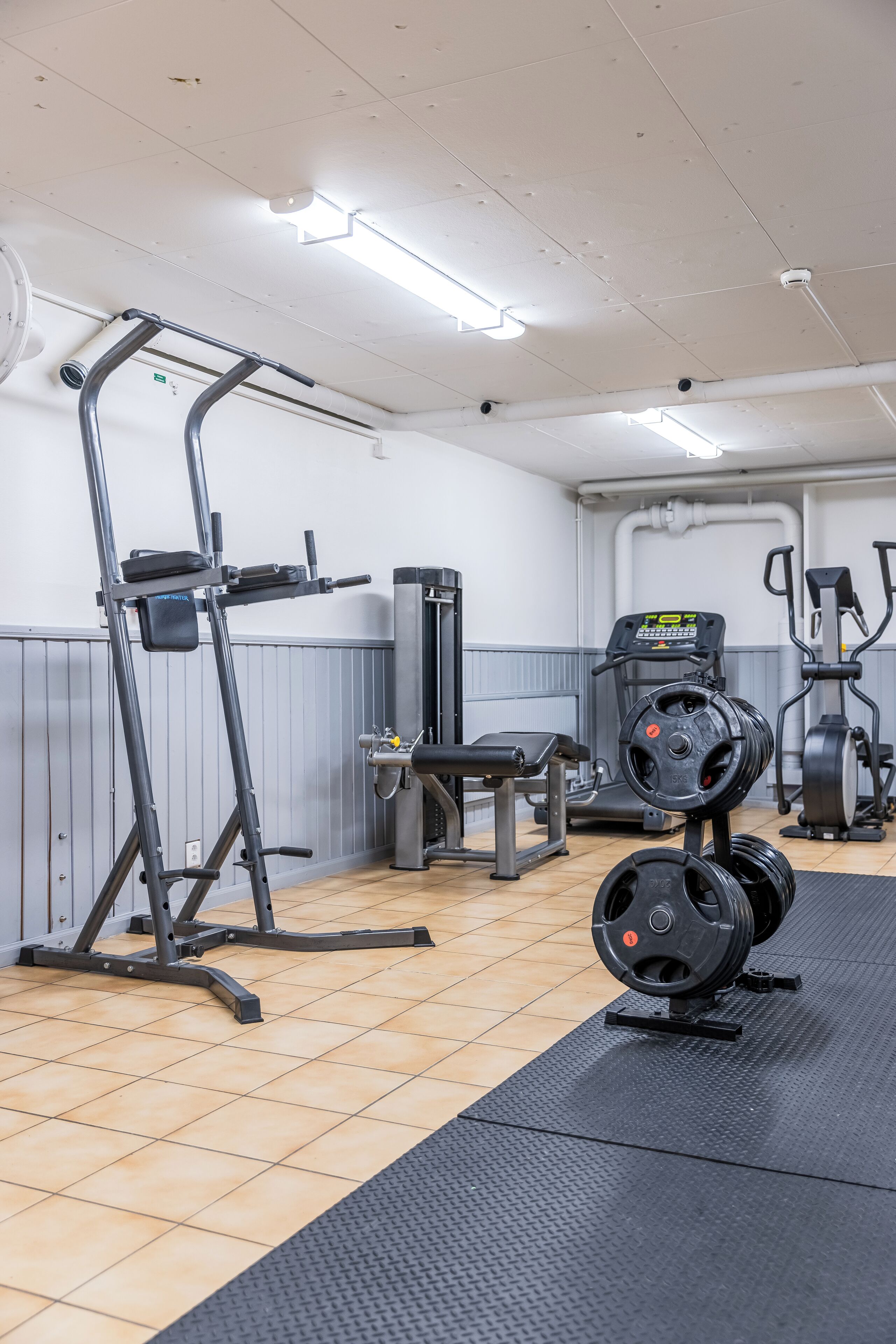 Uma academia com equipamentos de ginástica, um banco de musculação e esteira.