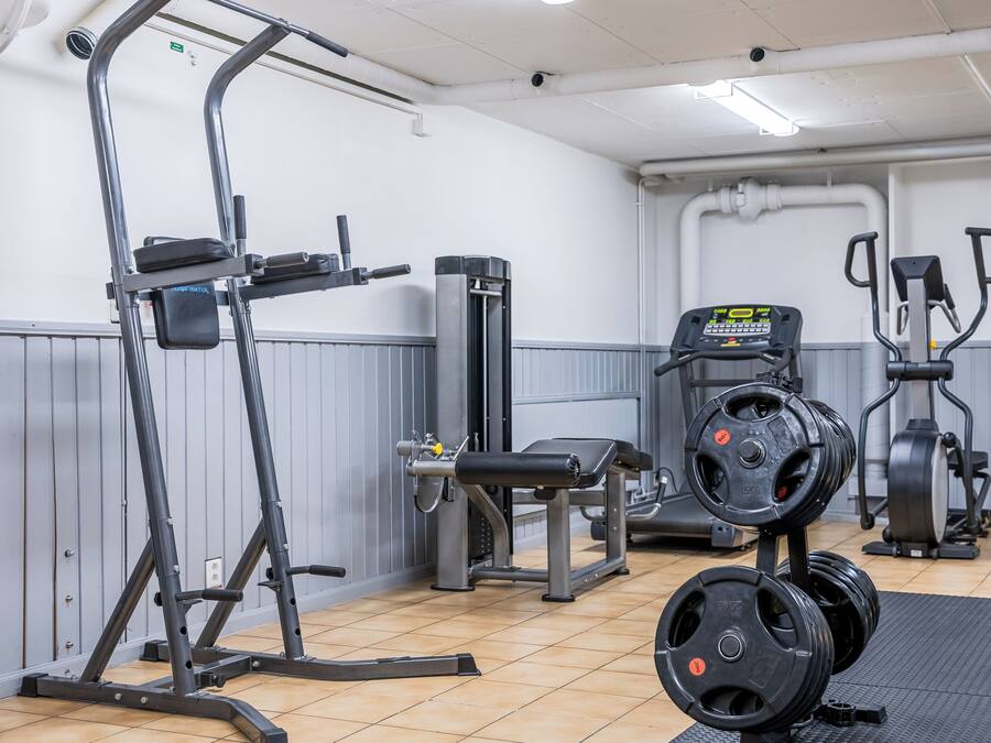 Uma academia com equipamentos de ginástica, um banco de musculação e esteira.