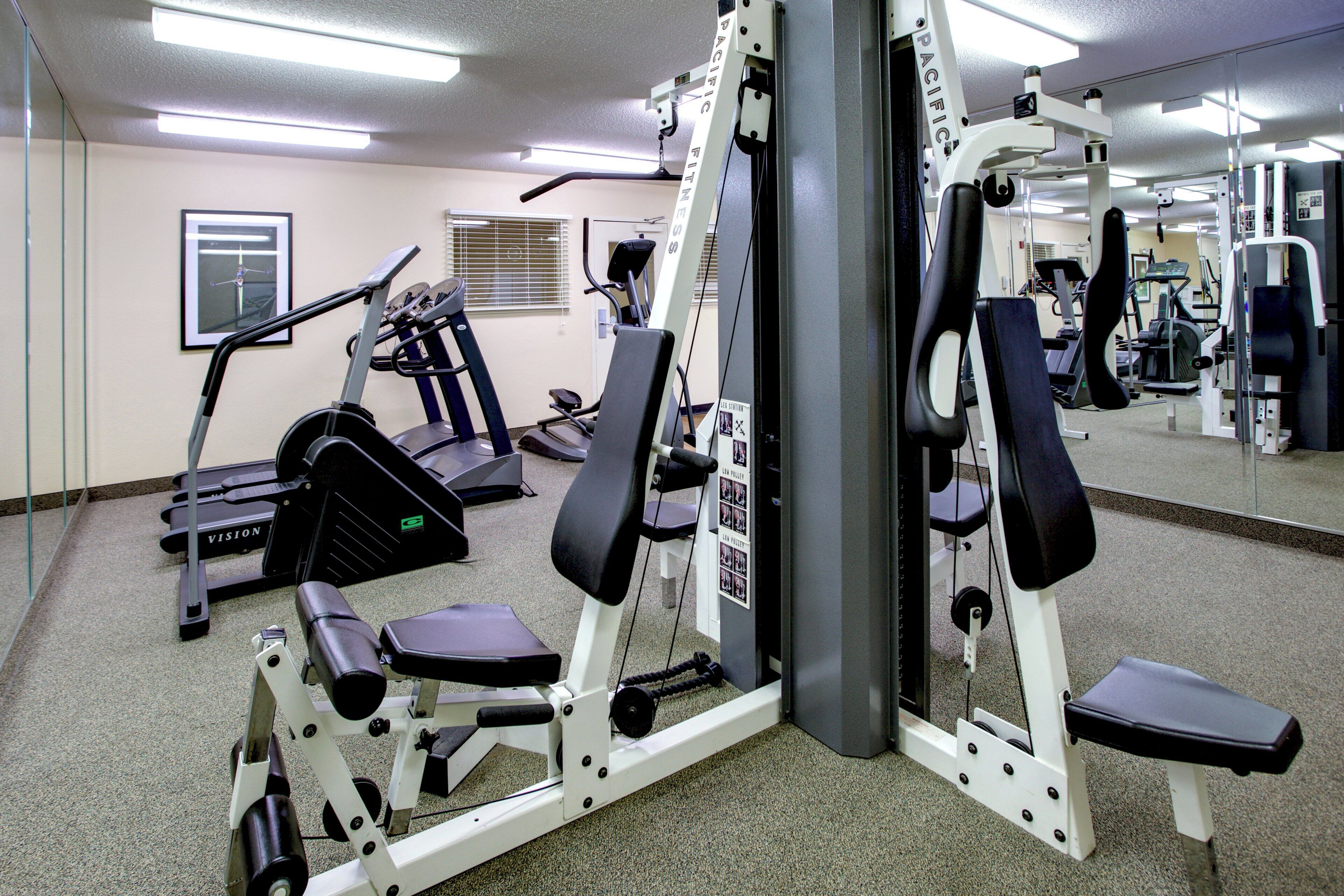 Uma academia com diversos equipamentos de exercício, incluindo esteiras e máquinas de musculação.