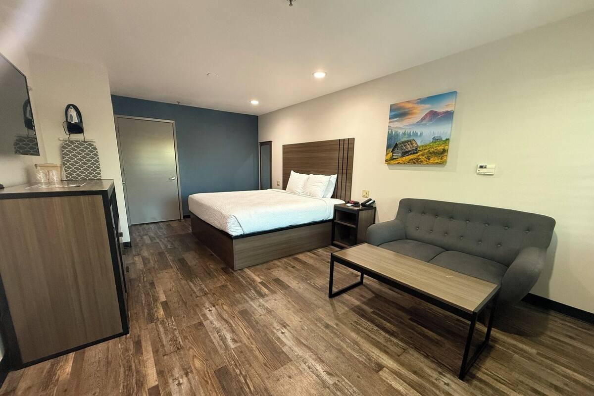 Quarto de hotel com uma cama, um sofá, uma escrivaninha e um quadro na parede.
