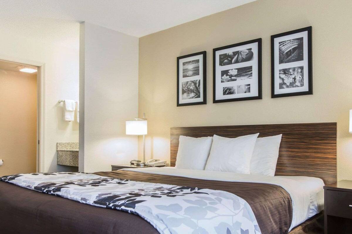 Quarto de hotel com uma cama grande, mesa de cabeceira com abajur e três quadros na parede.