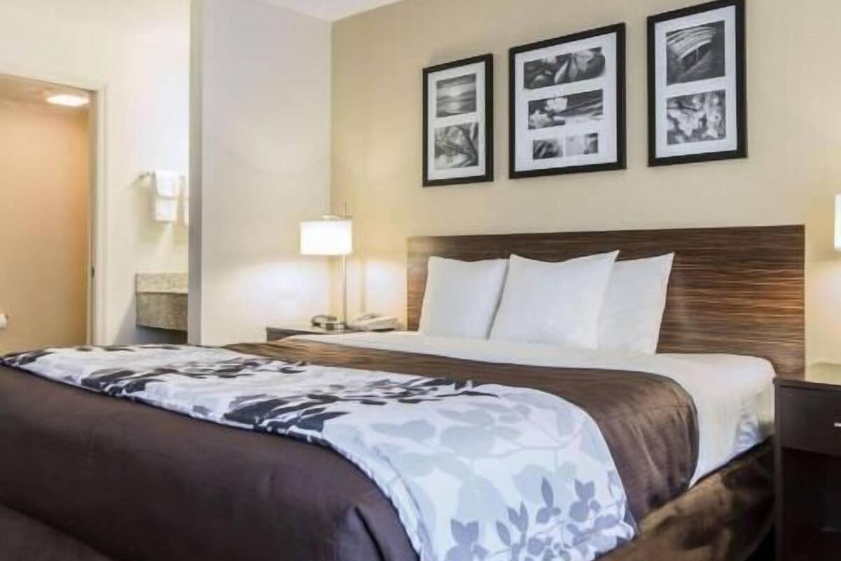 Quarto de hotel com uma cama, uma mesa de cabeceira, um abajur e três quadros na parede.