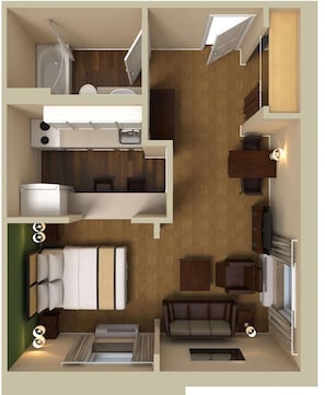 Quarto de hotel compacto com cozinha compacta, banheiro, área de estar e uma cama.