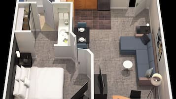 Modelo 3D de um apartamento moderno com cozinha, sala de jantar, sala de estar e um quarto separado.