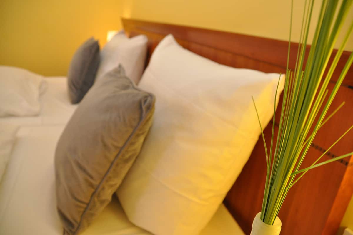 Uma cama com almofadas brancas e cinzas, cabeceira de madeira e um vaso com plantas verdes.