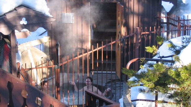 Uma cabana de madeira com uma escada que leva a uma porta, rodeada por neve e um cercado.