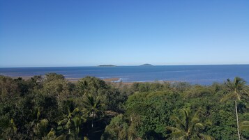 Paisagem costeira com vegetação tropical densa e vista clara do oceano.