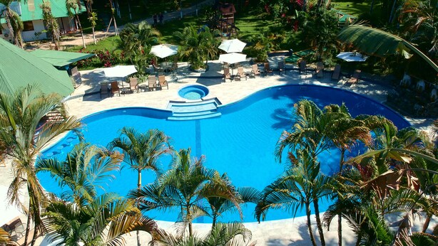 Uma piscina grande e azul, cercada por palmeiras e espreguiçadeiras.