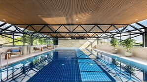 Piscina interna com teto de madeira, janelas amplas e plantas em vasos.