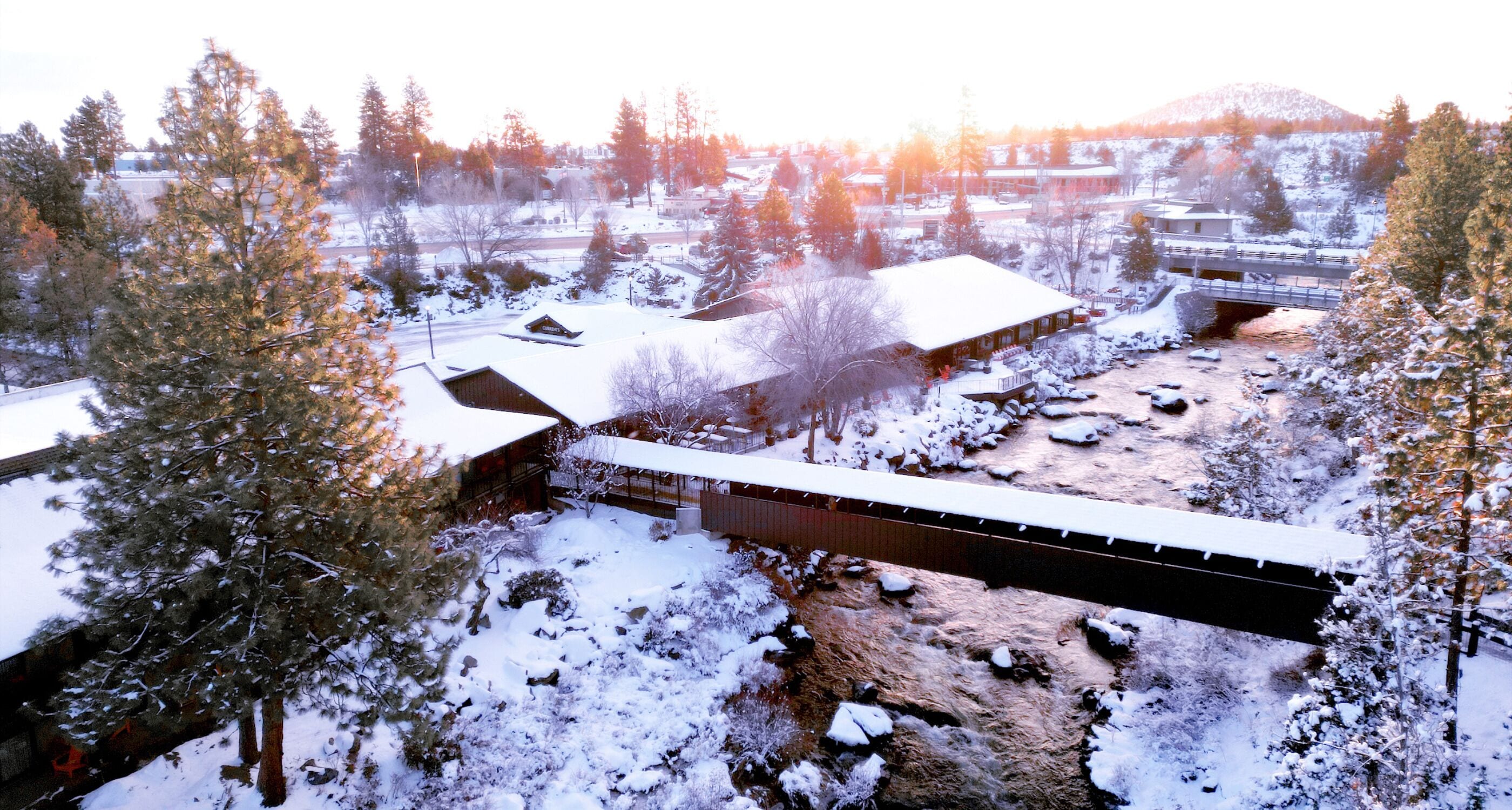 Paisagem coberta de neve com uma ponte, edifícios e árvores.