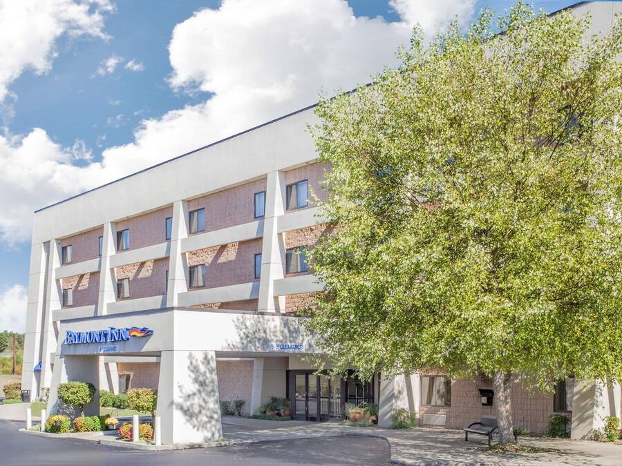 Hotel de vários andares com entrada visível, área de estacionamento e uma árvore na frente.