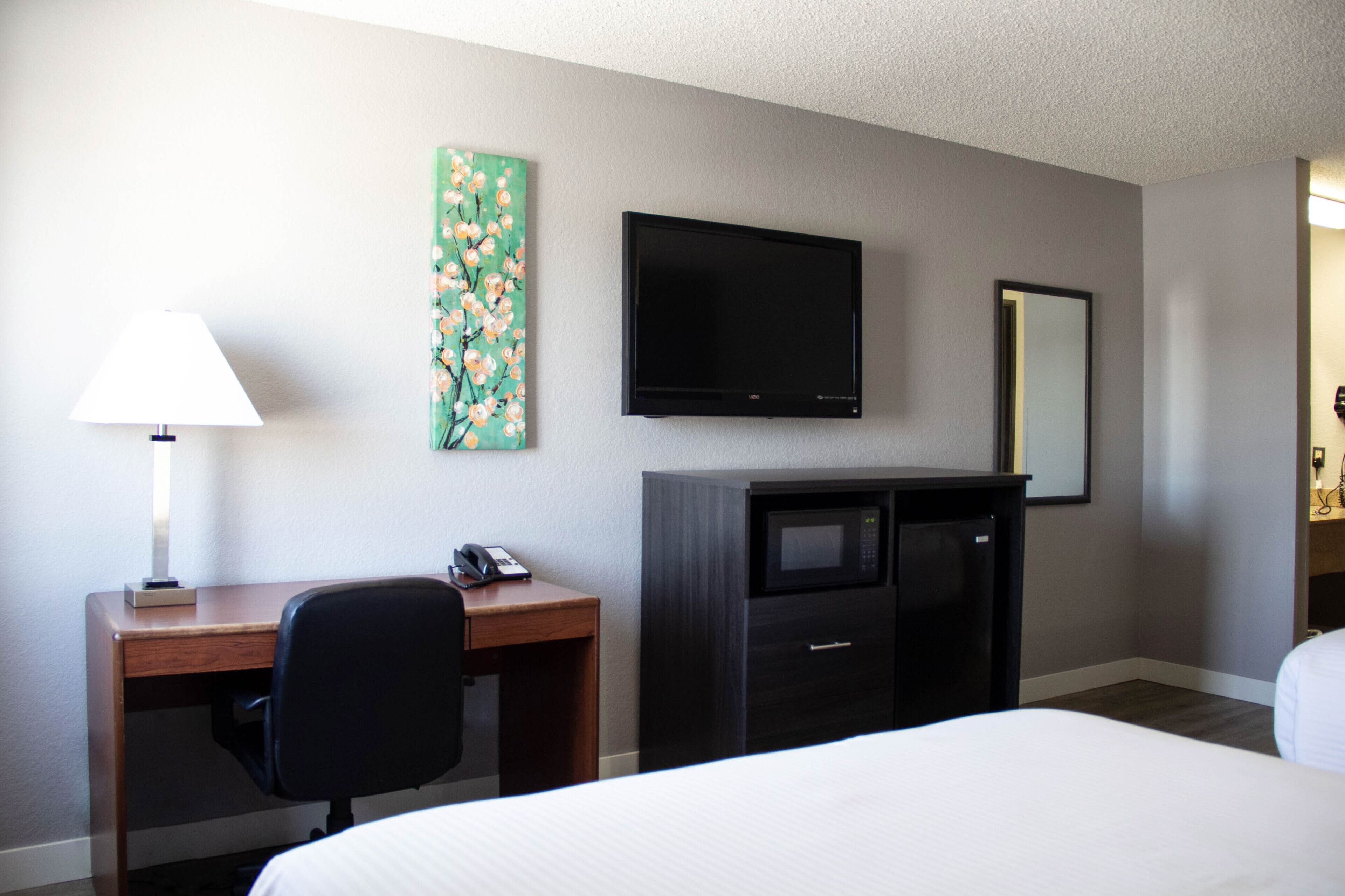 Quarto de hotel com cama, escrivaninha com luminária, telefone, televisão, micro-ondas e um quadro na parede.