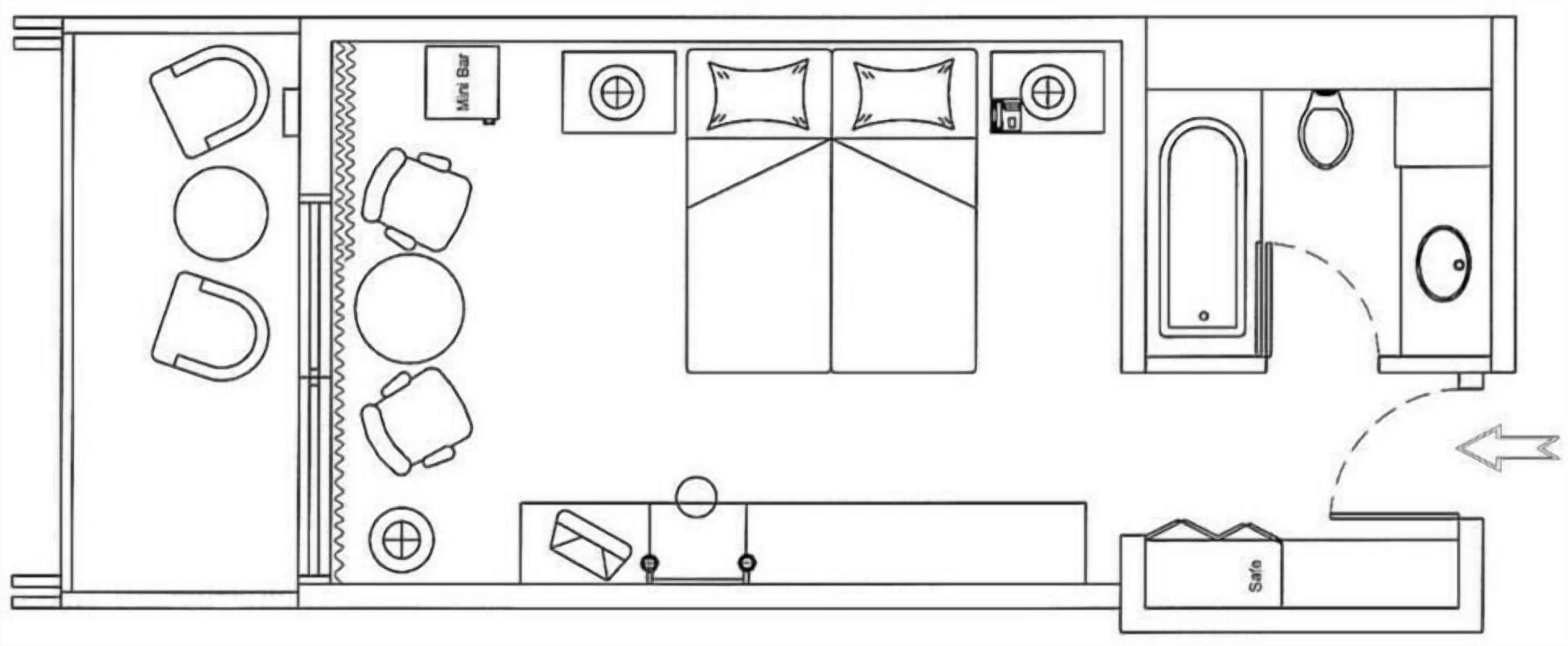 Planta baixa de um quarto de hotel com cama, escrivaninha, cadeira, minibar, cofre e banheiro.