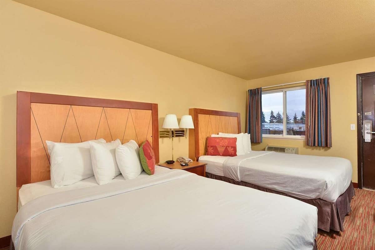 Quarto de hotel com duas camas, uma janela com cortinas, uma mesinha de cabeceira com abajur e uma porta.