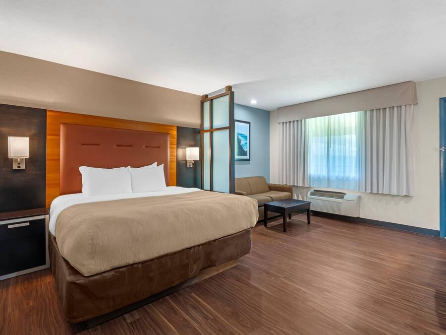 Quarto de hotel com uma cama grande, um sofá, uma mesa pequena, uma mesinha de cabeceira, uma janela com cortinas e uma porta.
