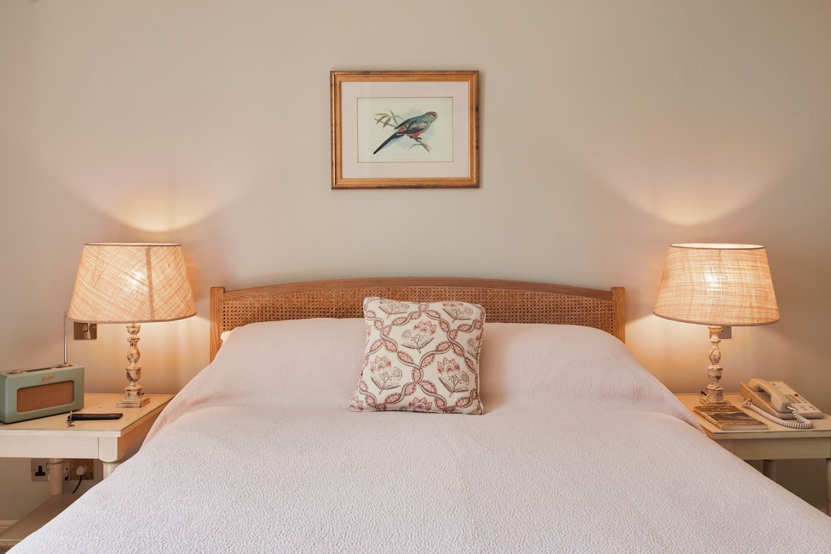 Uma cama bem arrumada com travesseiro estampado, duas luminárias de cabeceira, um quadro na parede e uma mesa de cabeceira com rádio e telefone.