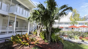 Hotel com varanda, palmeiras e área de estar externa com guarda-sóis.