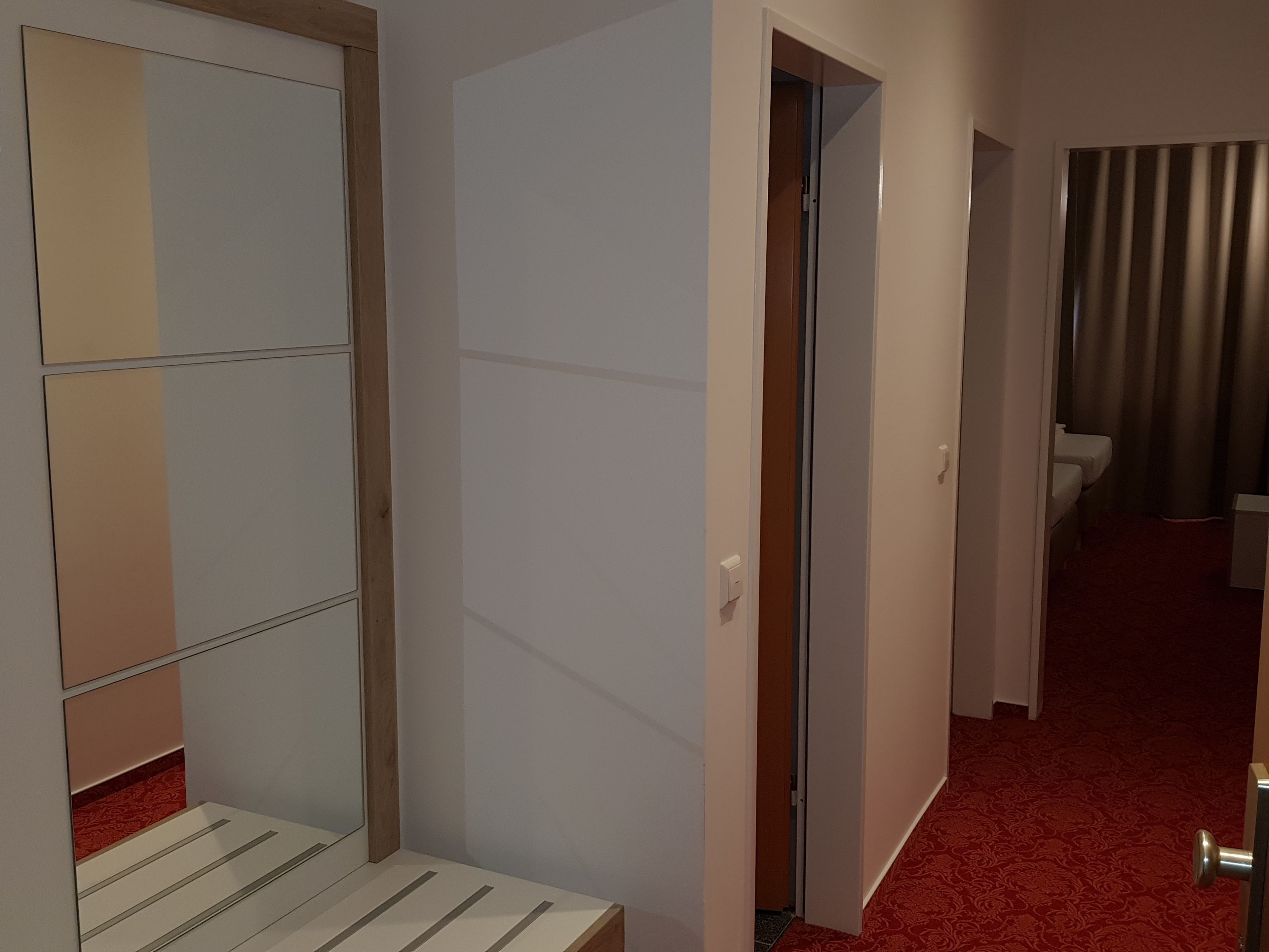 Quarto de hotel com um espelho grande, um guarda-roupa, uma porta que dá para o banheiro e um chão coberto por carpete vermelho.