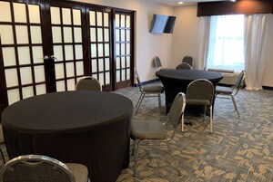 Uma sala de conferências com uma mesa redonda, quatro cadeiras, uma televisão na parede e uma porta deslizante com padrão quadriculado.