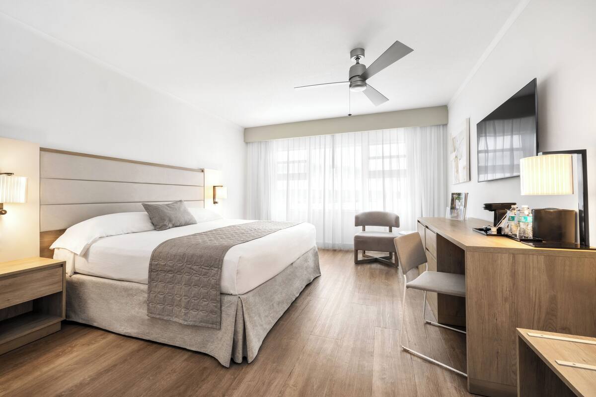 Quarto de hotel com cama, escrivaninha, cadeira e ventoinha no teto.