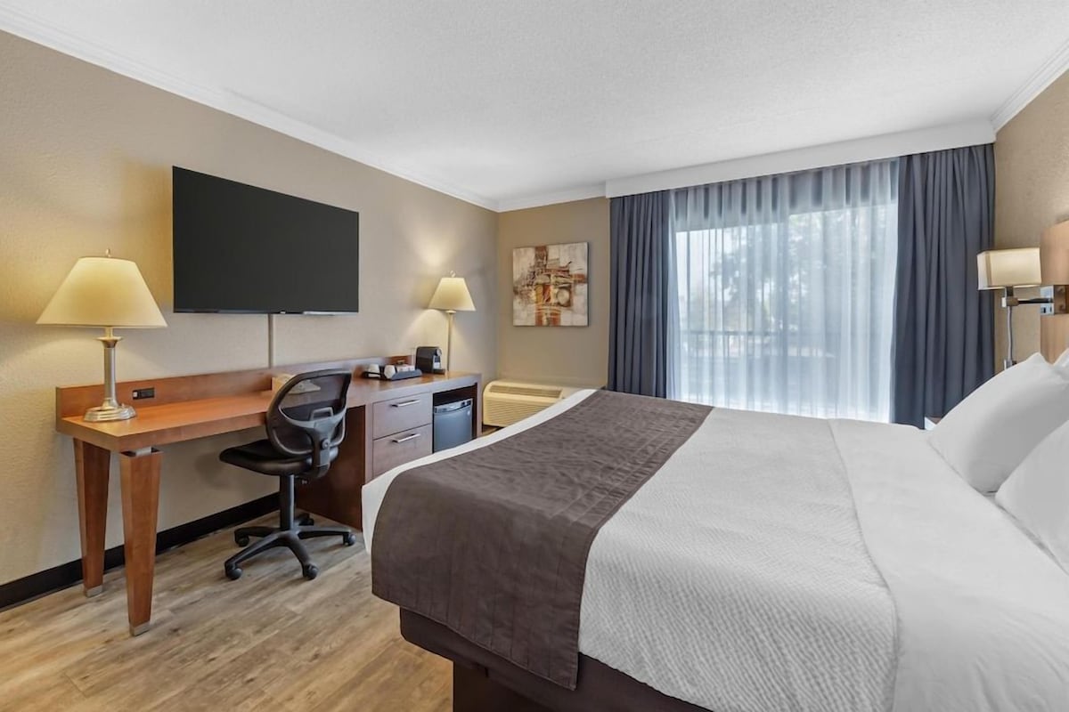 Quarto de hotel com cama, escrivaninha, cadeira, televisão e janela com cortinas.