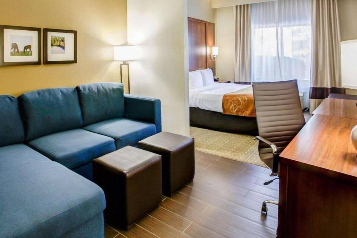 Quarto de hotel com sofá, escrivaninha, cadeira, cama e vista da cidade.