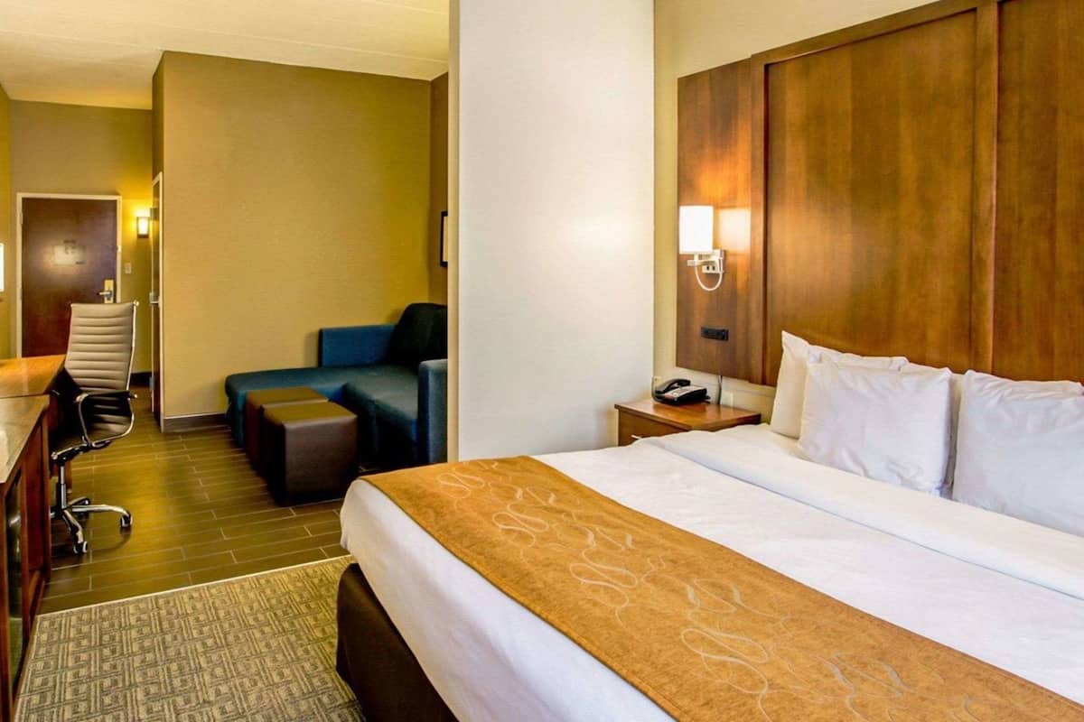 Quarto de hotel com cama, escrivaninha, poltrona, sofá e mesa de cabeceira com abajur.