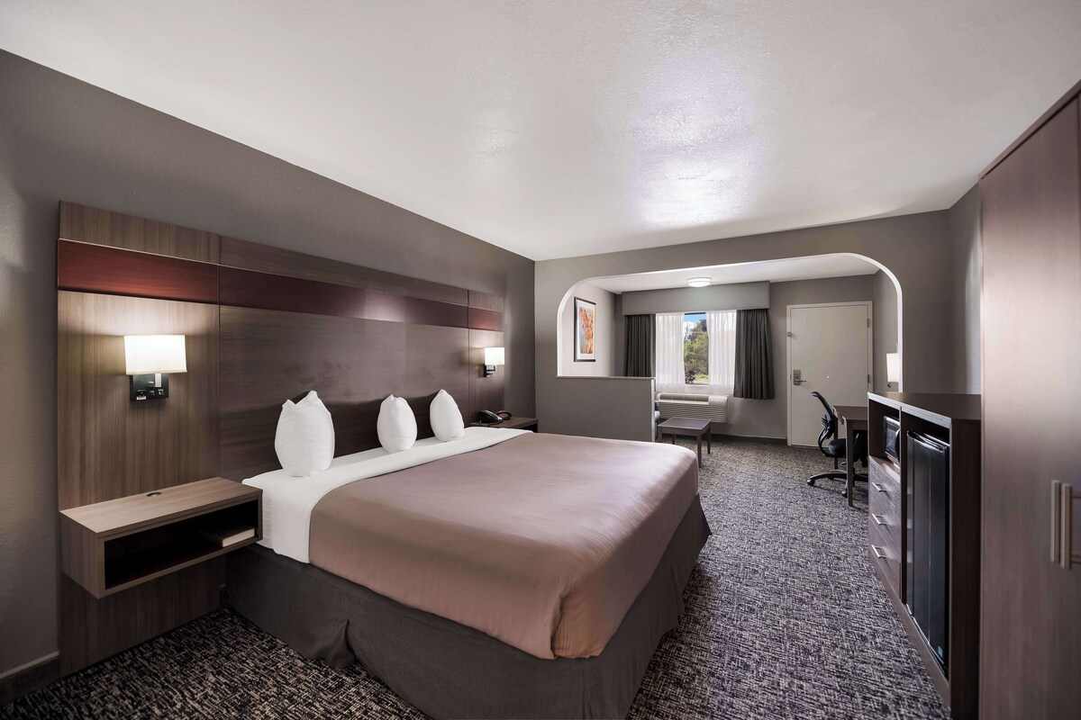 Quarto de hotel com uma cama grande, uma escrivaninha, uma cadeira e um guarda-roupa.