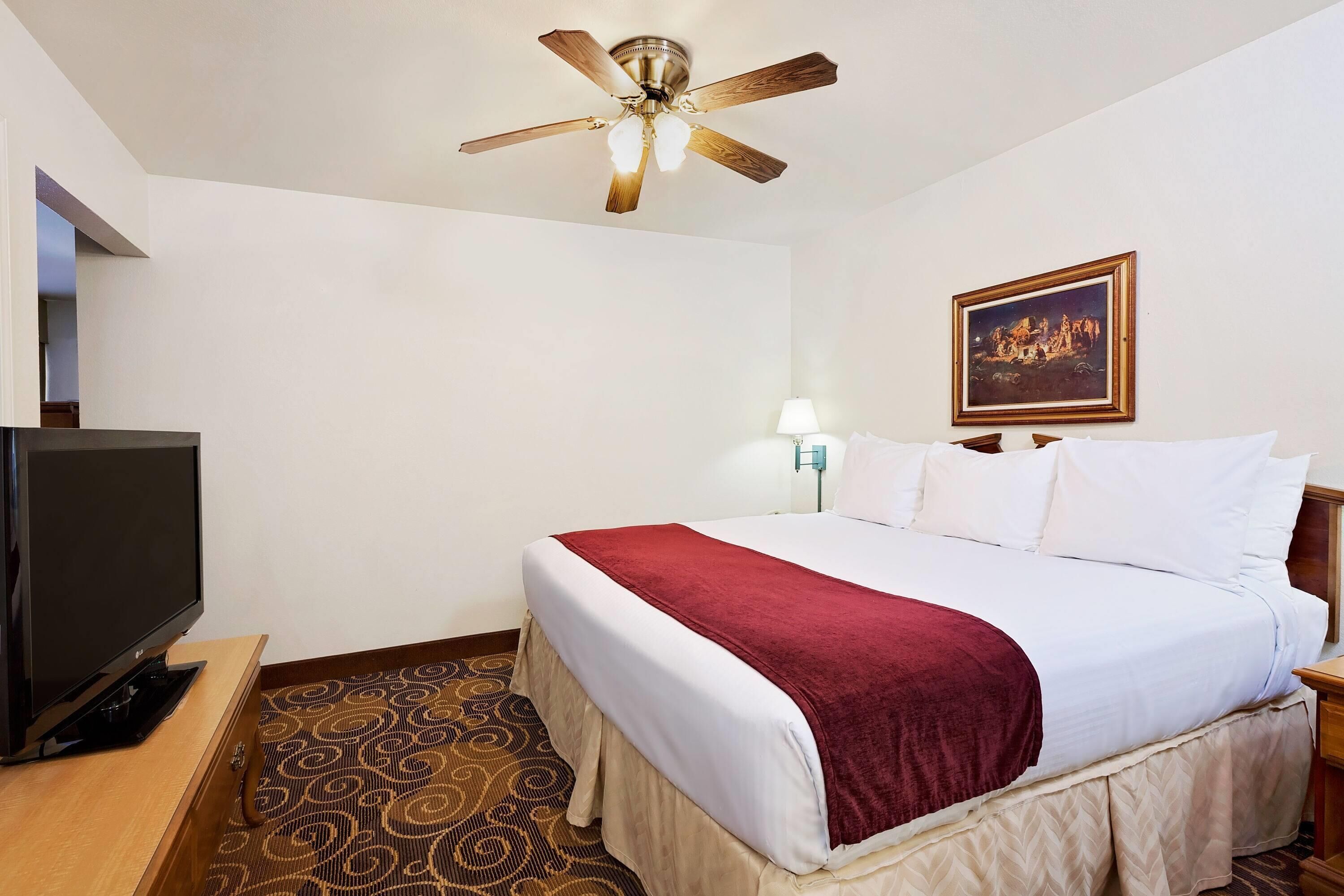 Quarto de hotel com cama, televisão, ventoinha no teto, quadro na parede e tapete estampado.