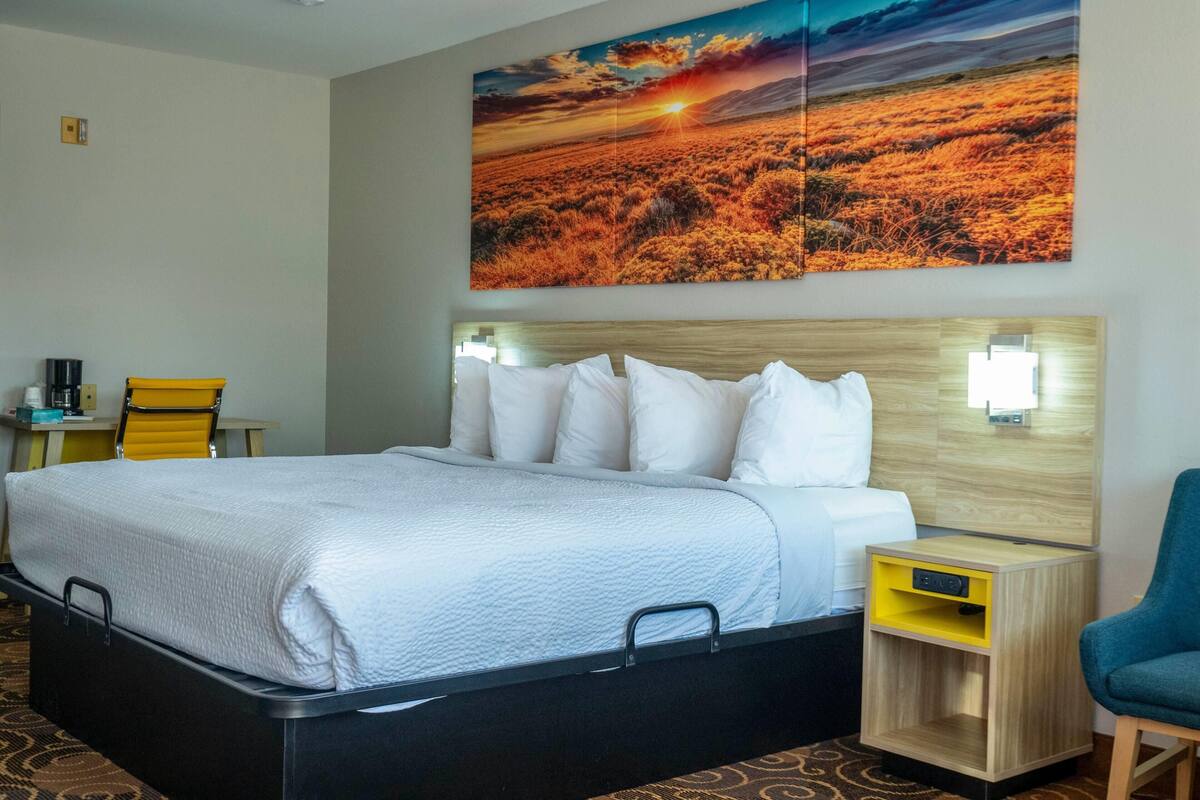 Quarto de hotel com uma cama, uma escrivaninha, uma cadeira, um criado-mudo com luminária e um quadro grande com paisagem na parede.