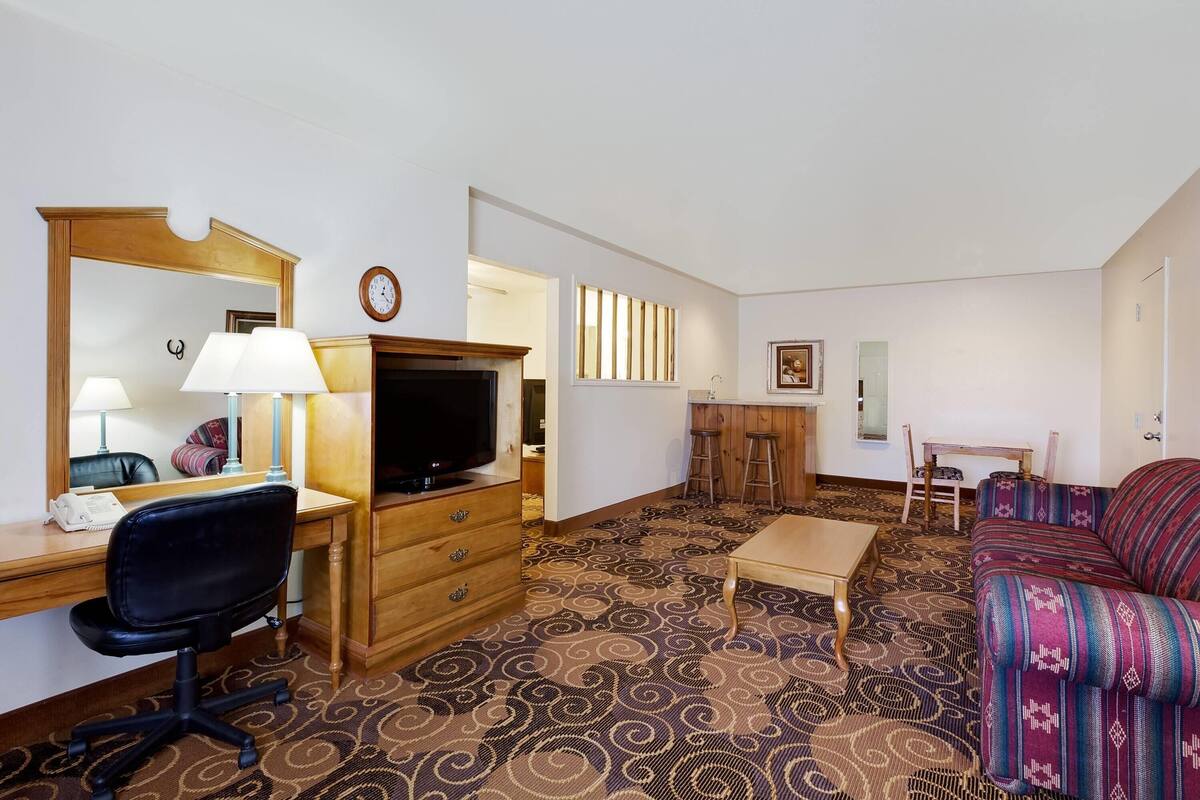 Quarto de hotel com escrivaninha, televisão, carpete estampado, sofá e pequena área de refeições.