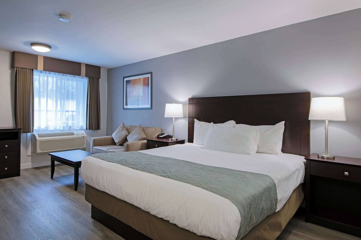 Quarto de hotel com uma cama grande, duas mesas de cabeceira com abajures, uma escrivaninha, uma cadeira e uma janela com cortinas.