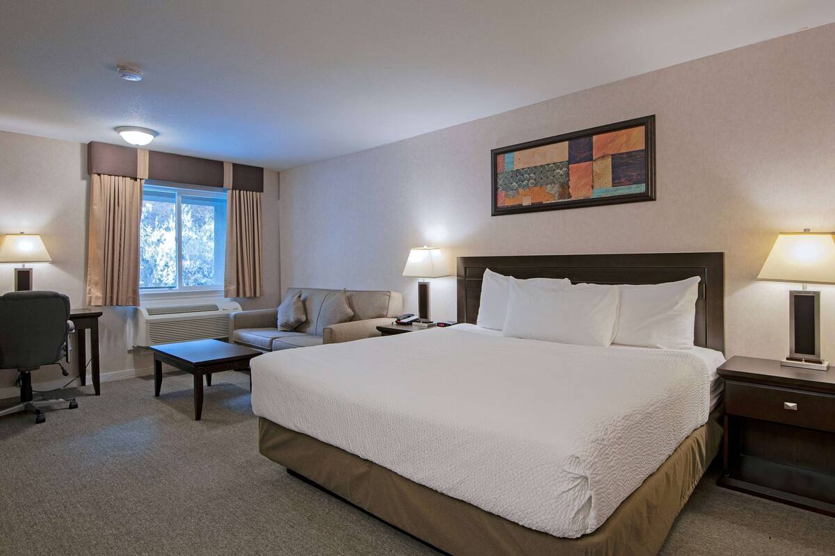 Quarto de hotel com uma cama grande, duas mesas de cabeceira, uma escrivaninha, uma cadeira, uma janela com cortinas e um quadro na parede.