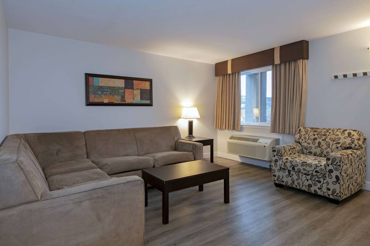 Uma sala de estar com sofá, mesa de centro, poltrona estampada, luminária, janela com cortinas e ar-condicionado fixado na parede.