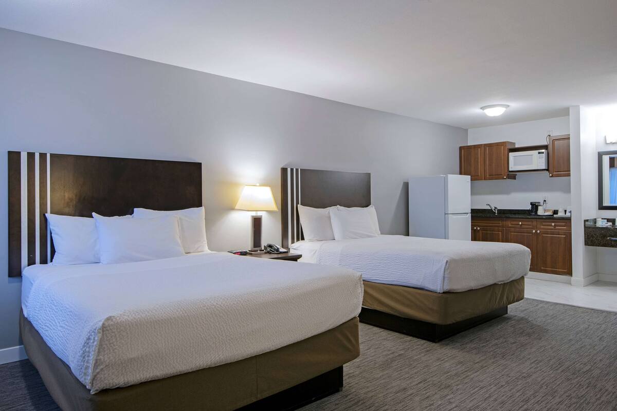 Quarto de hotel com duas camas, uma escrivaninha, uma luminária, micro-ondas e uma pequena cozinha equipada.