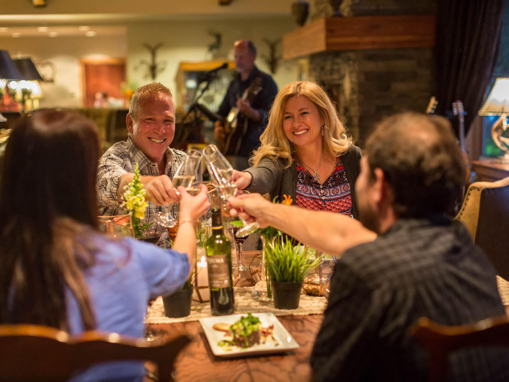 Um grupo de pessoas brindando à mesa com taças de vinho, cercado por plantas em vasos e uma vela.