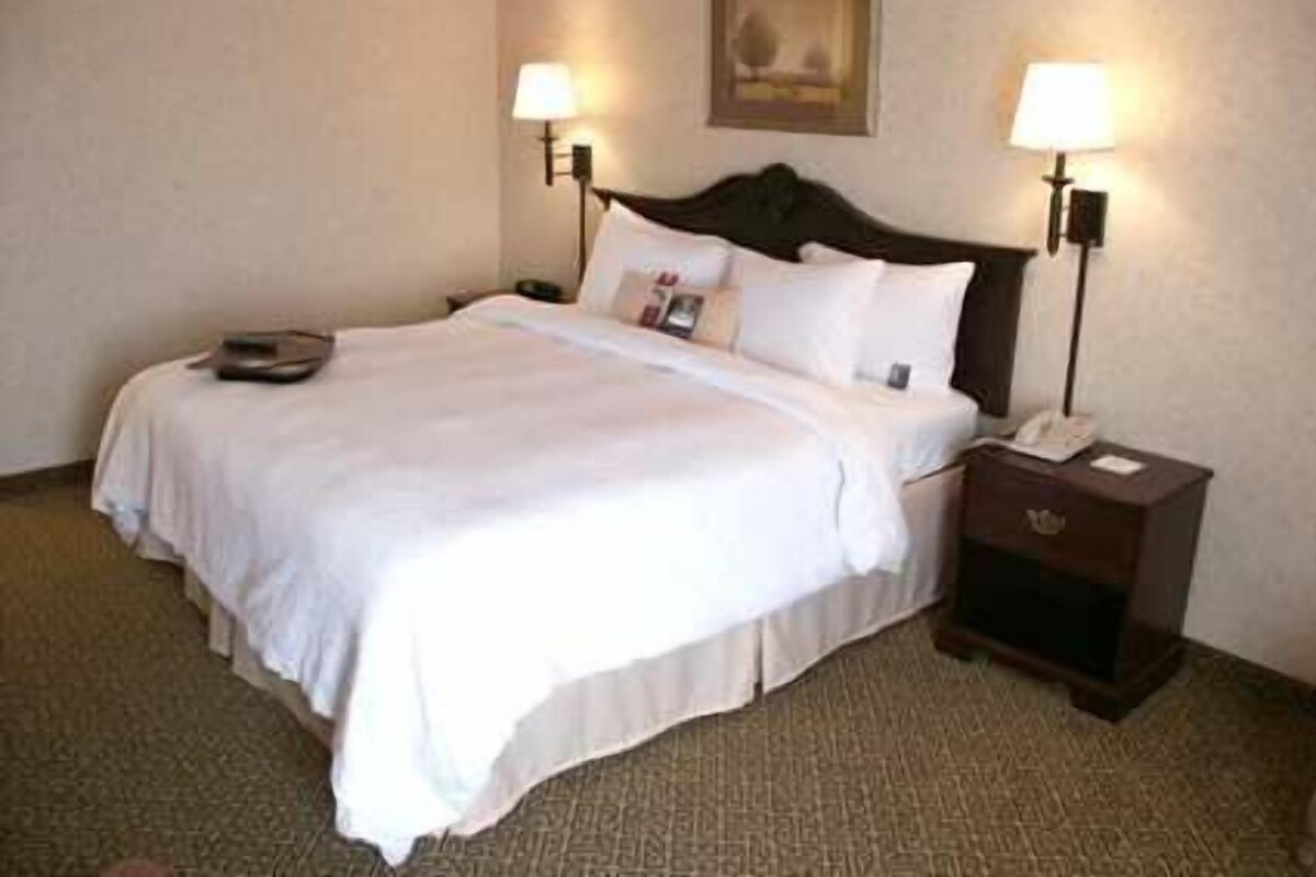 Quarto de hotel com uma cama grande, duas luminárias de cabeceira, mesa de cabeceira com telefone e um quadro na parede.